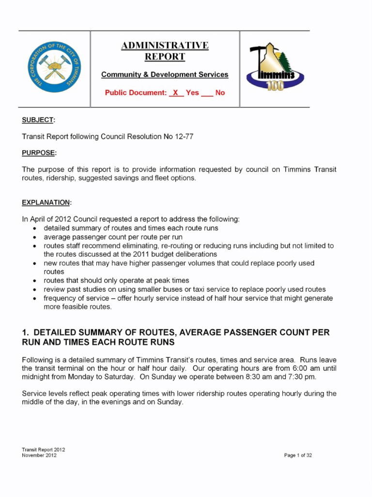 Timmins Transit Ridership Report 2012 | PDF