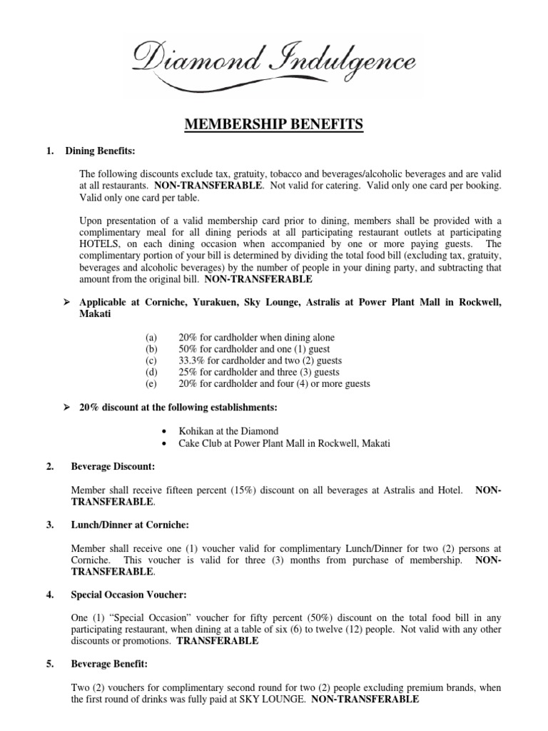 Diamond Indulgence BENEFITS | PDF | Restaurants | Fee