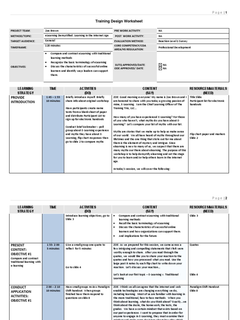 E-Learning Training Design Worksheet - 110211 - ZBHN - v10 | PDF ...