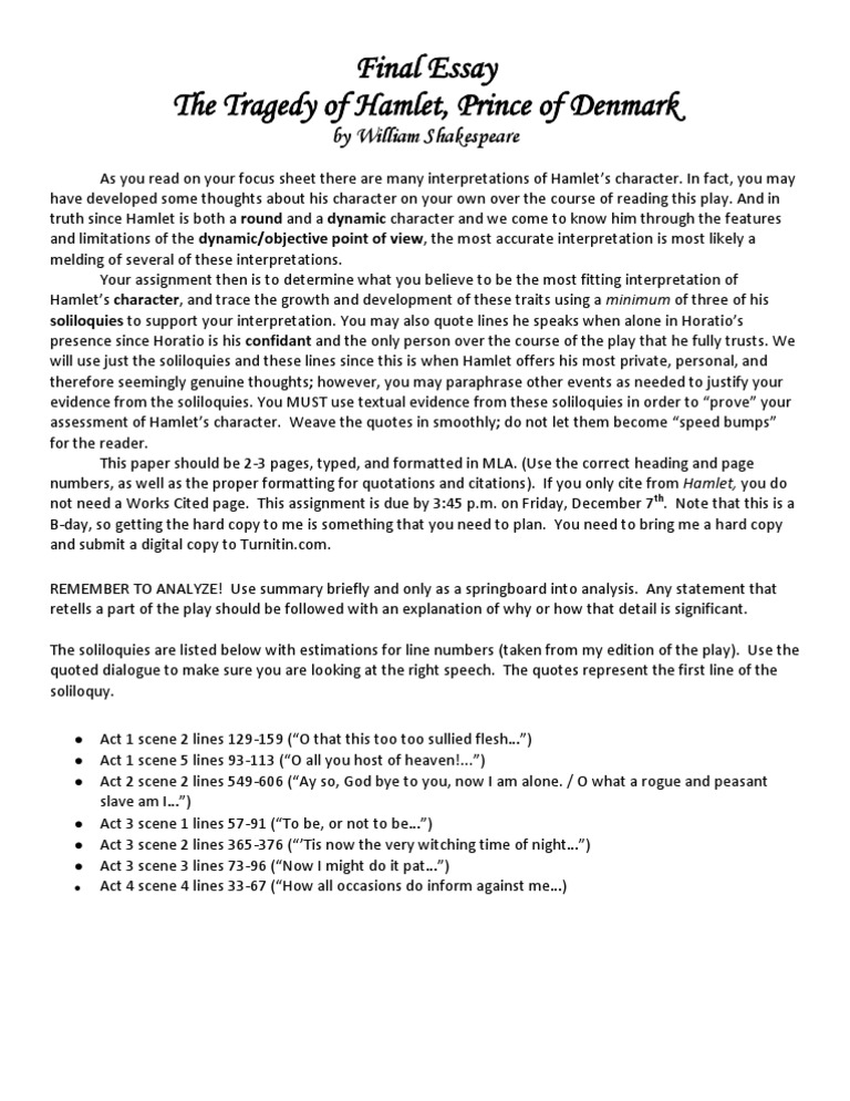 Final Essay The Tragedy of Hamlet, Prince of Denmark: by William ...