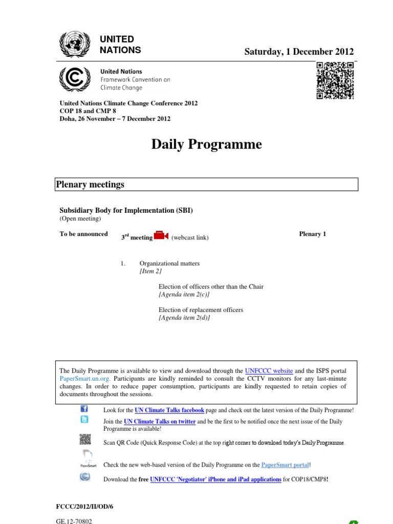 COP18 Climate Conference - Daily Schedule - November 30th, 2012 | PDF ...