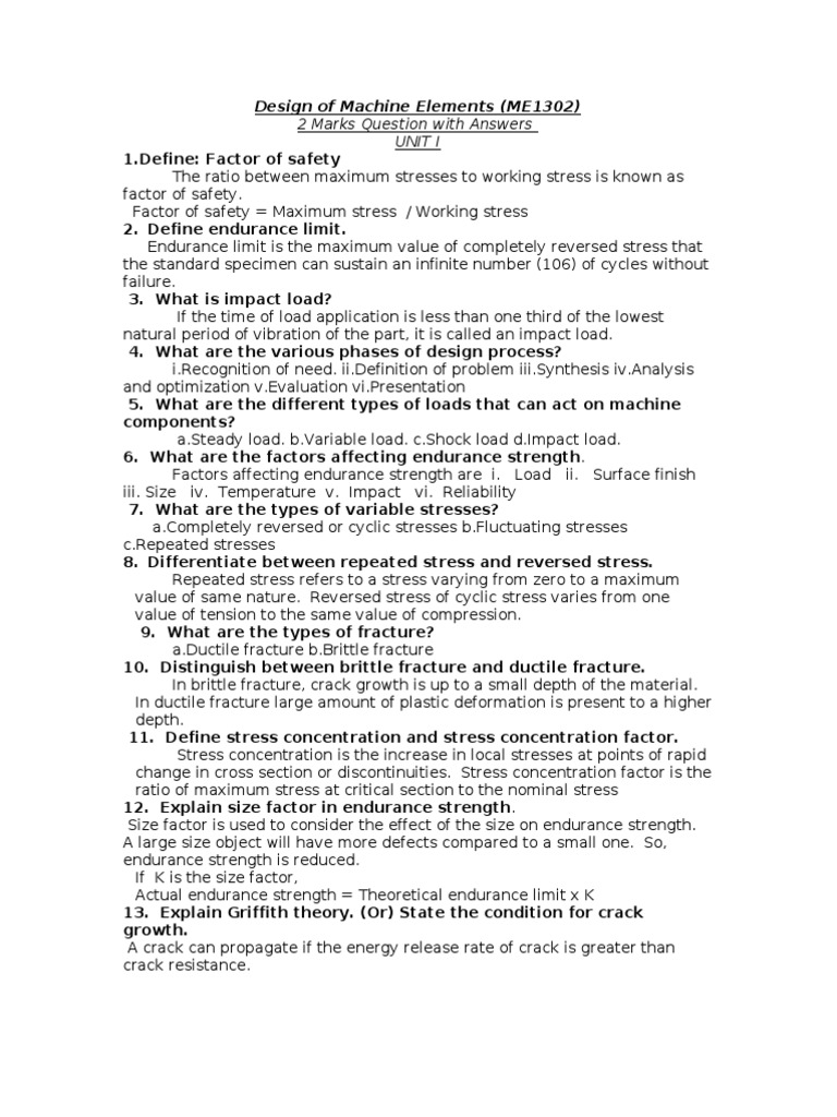 Design of Machine Elements (ME1302) : 2 Marks Question With Answers ...