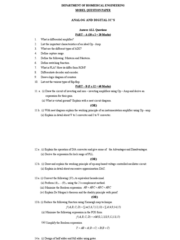 ANALOG & DIGITAL INTEGRATED CIRCUIT (ADIC) Model Question Paper | PDF ...