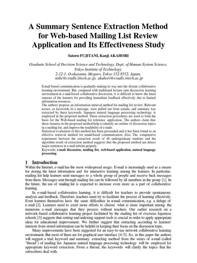 A Summary Sentence Extraction Method For Web Based Mailing List Review ...