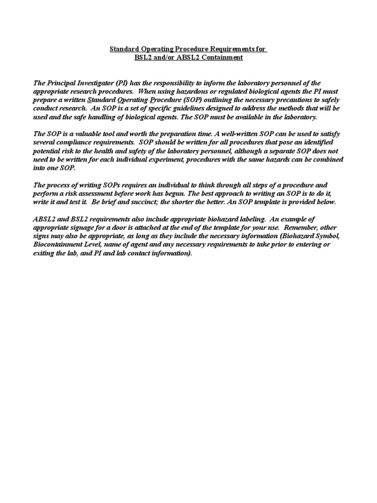 Combined Absl-2 and Bsl-2 Sop Template | PDF | Laboratories | Safety