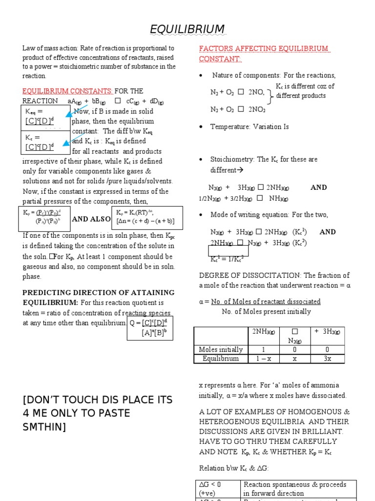 Short Notes On Equilibrium | PDF | Chemical Equilibrium | Stoichiometry