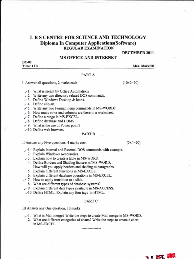 LBS DCA (S) MS Office and Internet - Previous Question Paper December ...