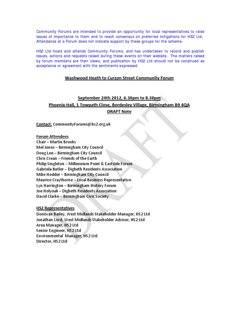 Draft Note Washwood Heath-Curzon Street CF | PDF | Business | Government