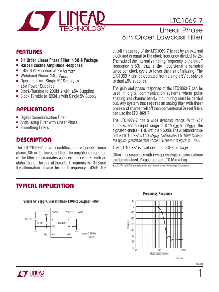 Features: LTC1069-7 Linear Phase 8th Order Lowpass Filter | PDF | Power Supply | Operational ...