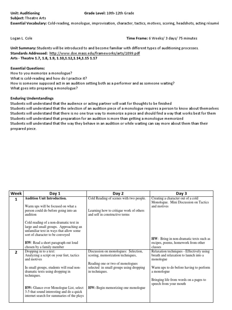 Audition Unit Plan | Download Free PDF | Résumé | Audition