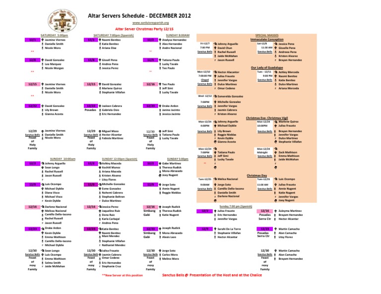 Altar Servers December 2012 Schedule | PDF | Leisure