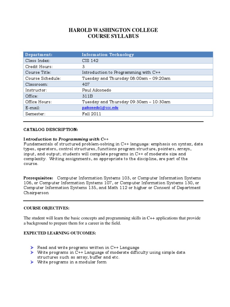 HWC Cis 142 Syllabus | PDF | Computer Program | Programming HWC Cis 142 Syllabus | PDF | Computer Program | Programming