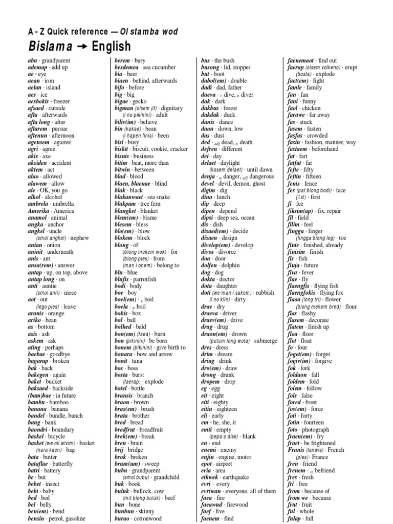 BISLAMA TO ENGLISH. DICTIONARY | Agriculture | Nature | Free 30-day ...