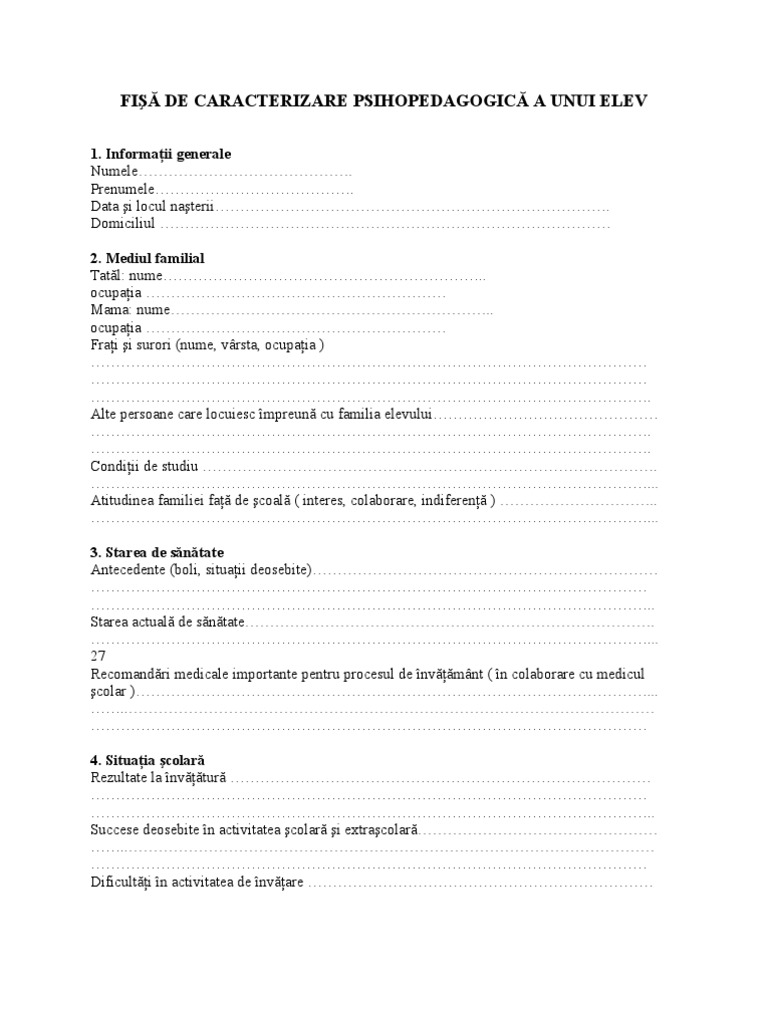 Fisa de Caracterizare Psihopedagogica A Unui Elev | PDF