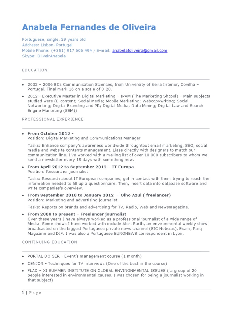 Anabela Oliveira's Resume | PDF | Journalist | Mass Media