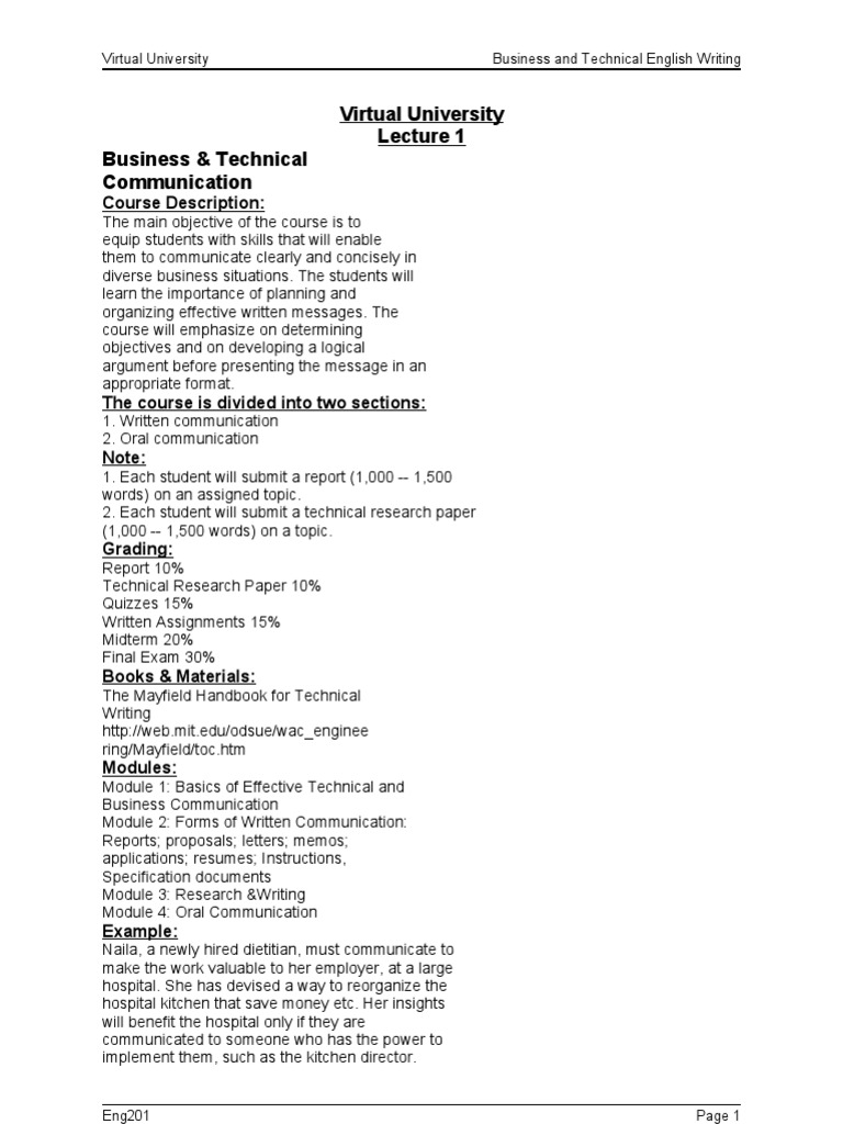 Business and Technical English Writing - ENG201 Handouts Lecture 1 - 15 ... Business and Technical English Writing - ENG201 Handouts Lecture 1 - 15 ...