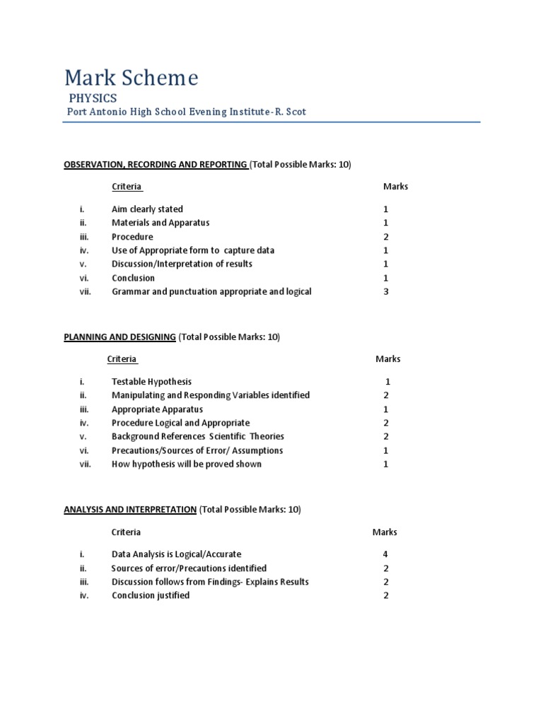 Physics Csec Mark Scheme | PDF
