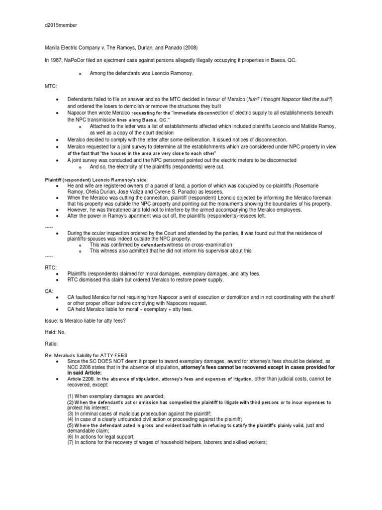 Manila Electric Company v. Ramoy | PDF | Damages | Punitive Damages