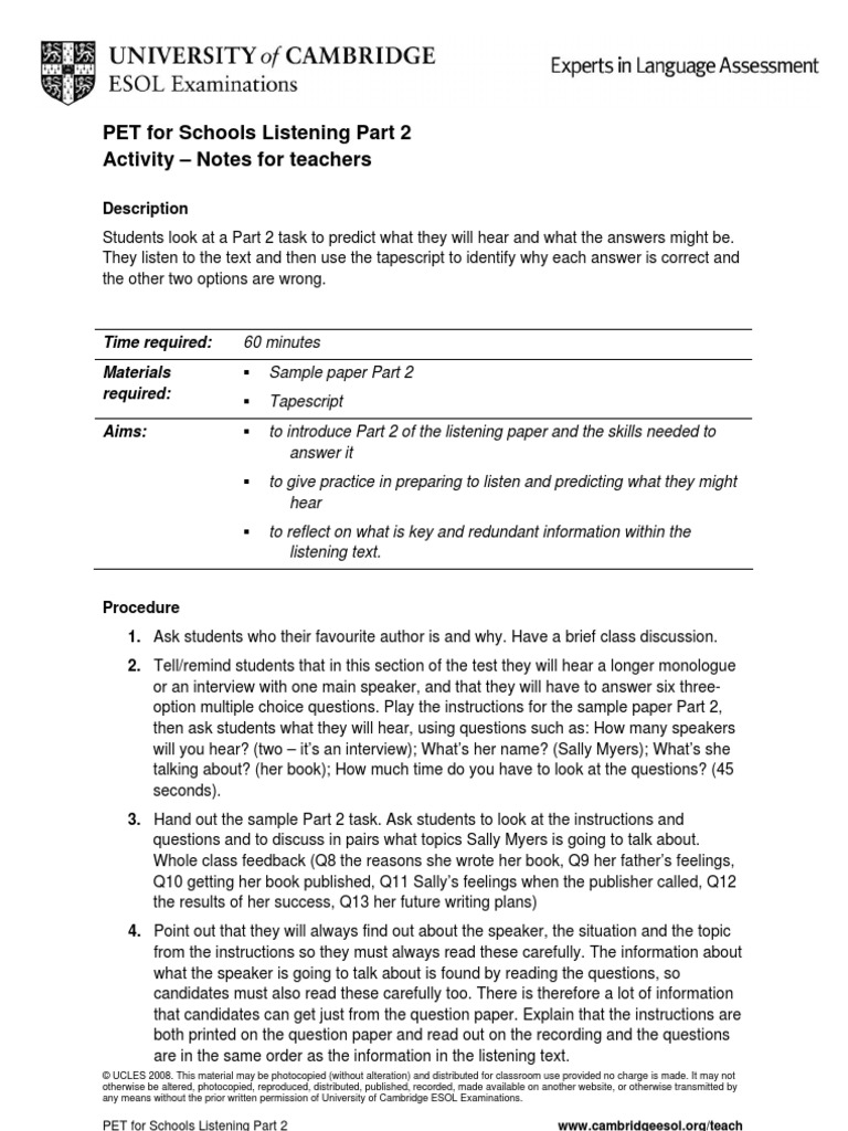 PET for Schools Listening Part 2 | Question | Vocabulary | Free 30-day ...