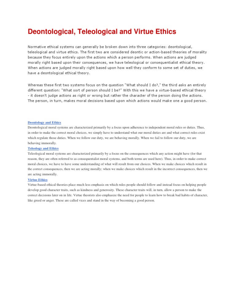 Deontological Teleological and Virtue Ethics | PDF | Virtue Ethics ...