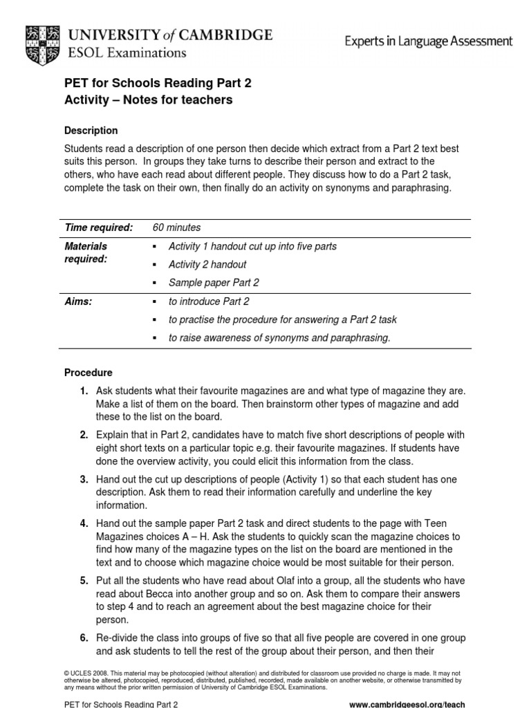 PET For Schools Reading Part 2 | PDF | Reading Comprehension ...