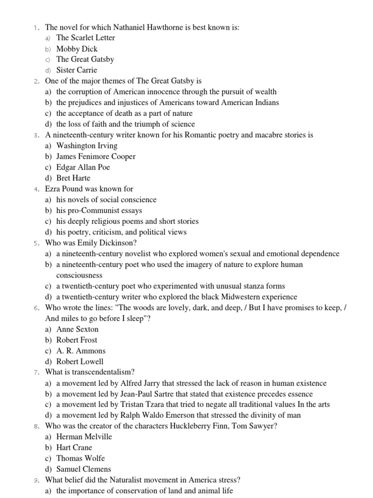 American Literature Overview Quiz | PDF