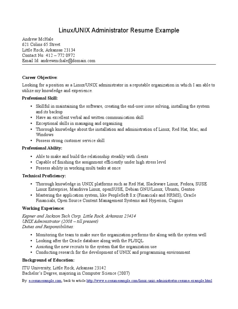 Linux Unix Administrator Resume Example by e Resume Sample | PDF
