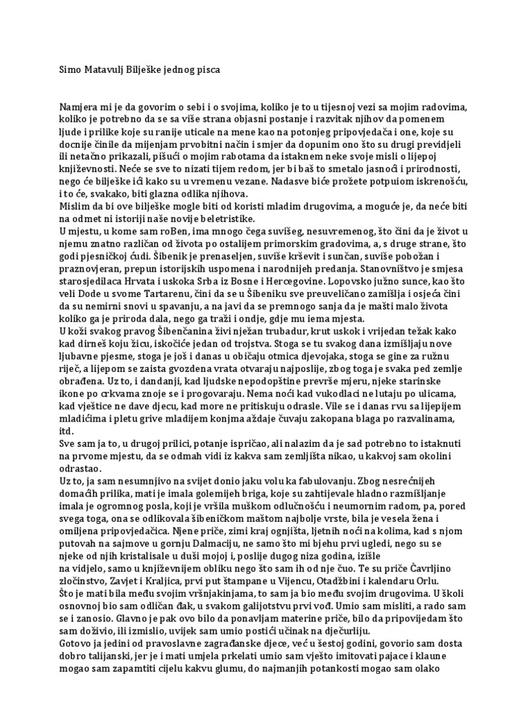 Simo Matavulj - Biljeske Jednog Pisca | PDF