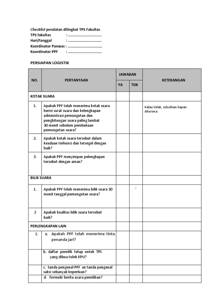 Checklist Di Tingkat TPS Fakultas | PDF