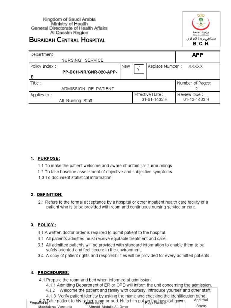 Patient Admission Procedures Guide | PDF | Patient | Hospital