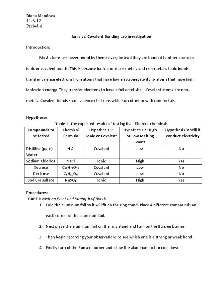 Ionic vs. Covalent Bonding Lab Investigation | PDF | Ionic Bonding ...
