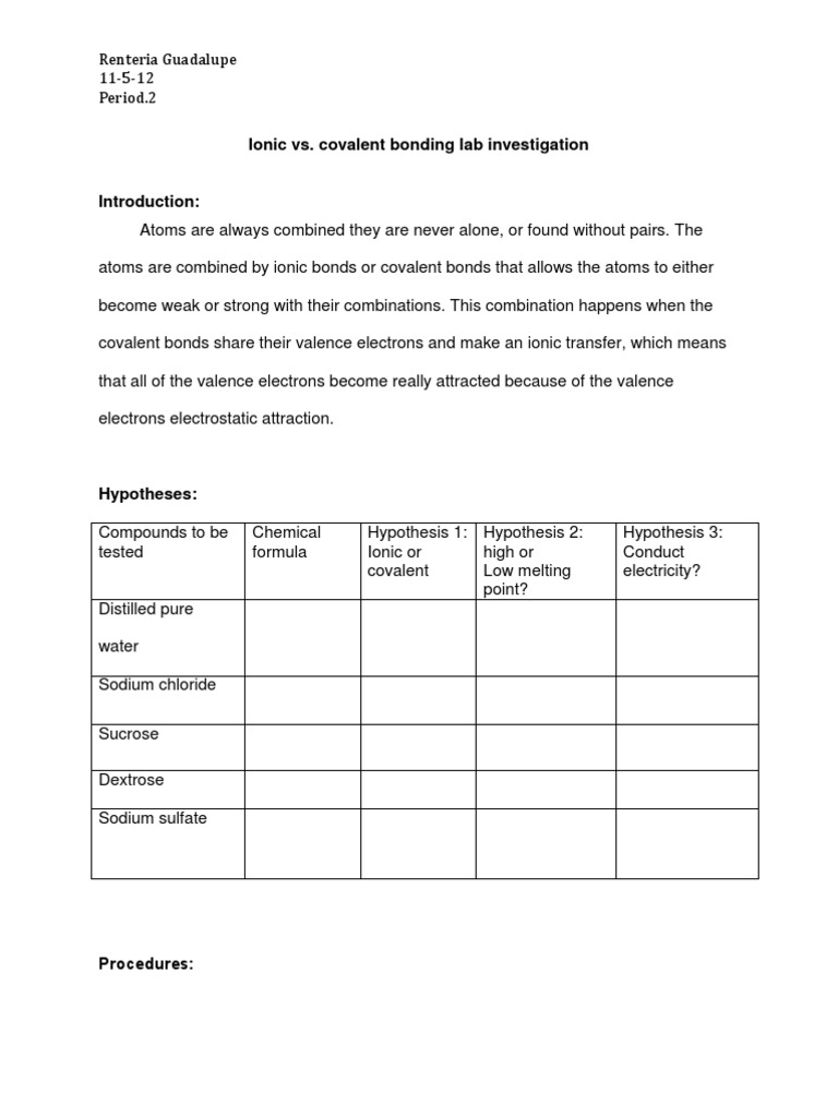 Ionic vs. Covalent Bonding Lab Investigation | PDF