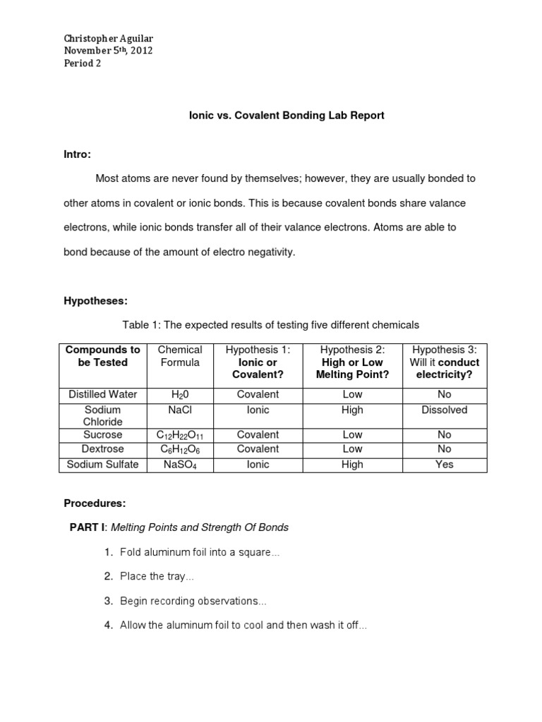 Ionic vs. Covalent Bonding Lab Results | PDF