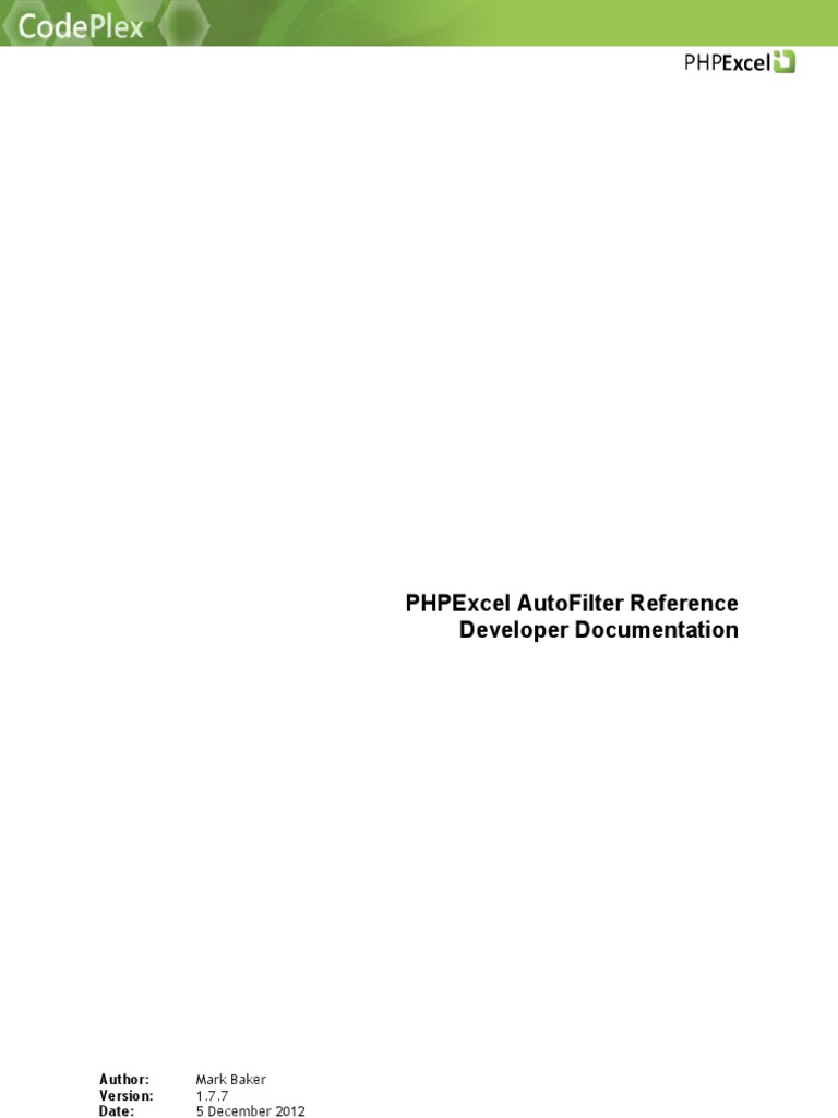 PHPExcel AutoFilter Reference Developer Documentation | PDF | Array ... PHPExcel AutoFilter Reference Developer Documentation | PDF | Array ...