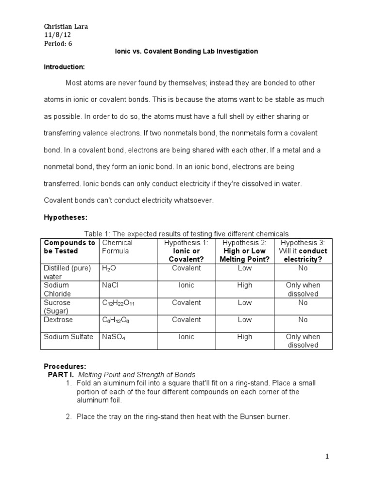 Ionic vs. Covalent Bonding Lab Investigation: Hypotheses | PDF