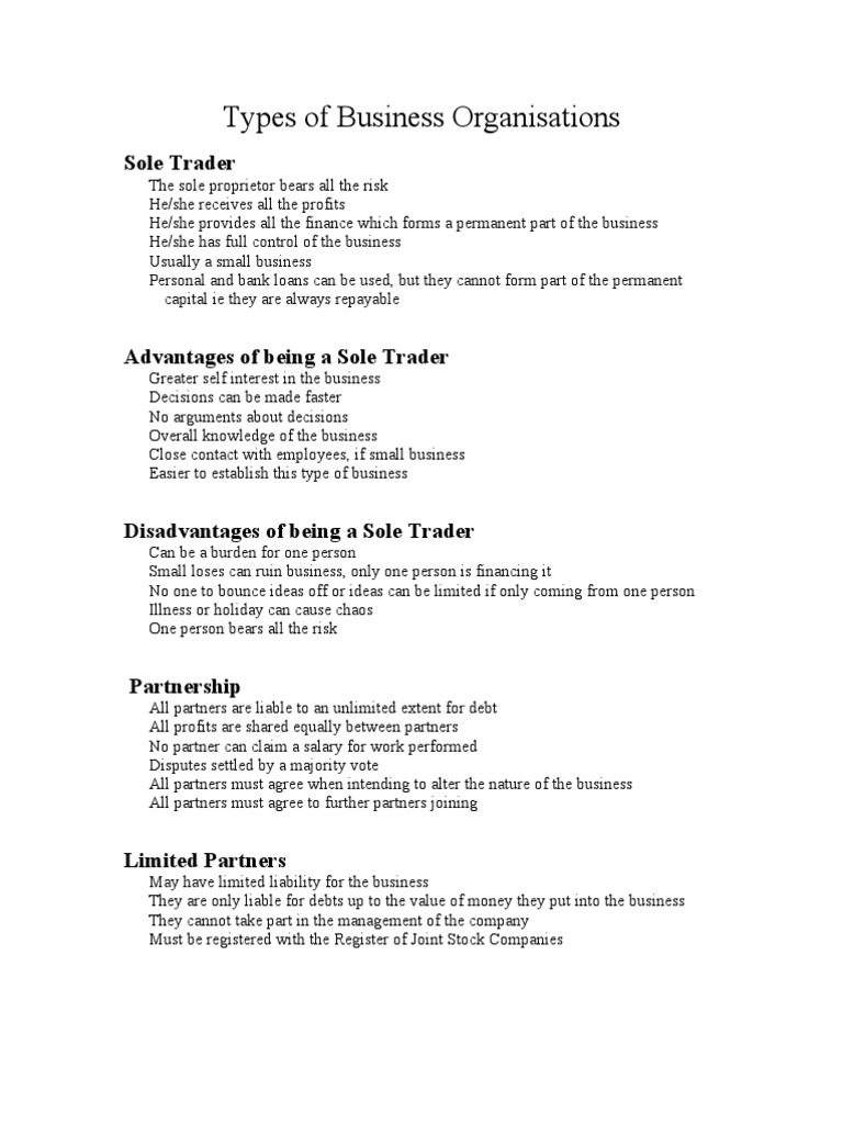 Types of Business Organisations: Sole Trader | PDF | Partnership | Sole ...