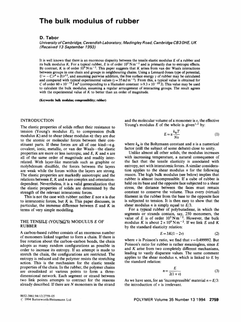 Rubber Bulk Modulus Analysis | PDF | Young's Modulus | Polymers