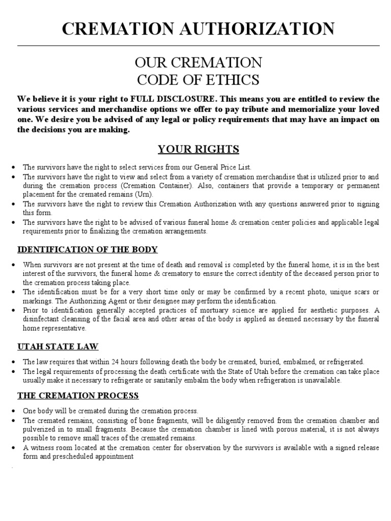 Cremation Authorization: Our Cremation Code of Ethics | PDF | Cremation ...