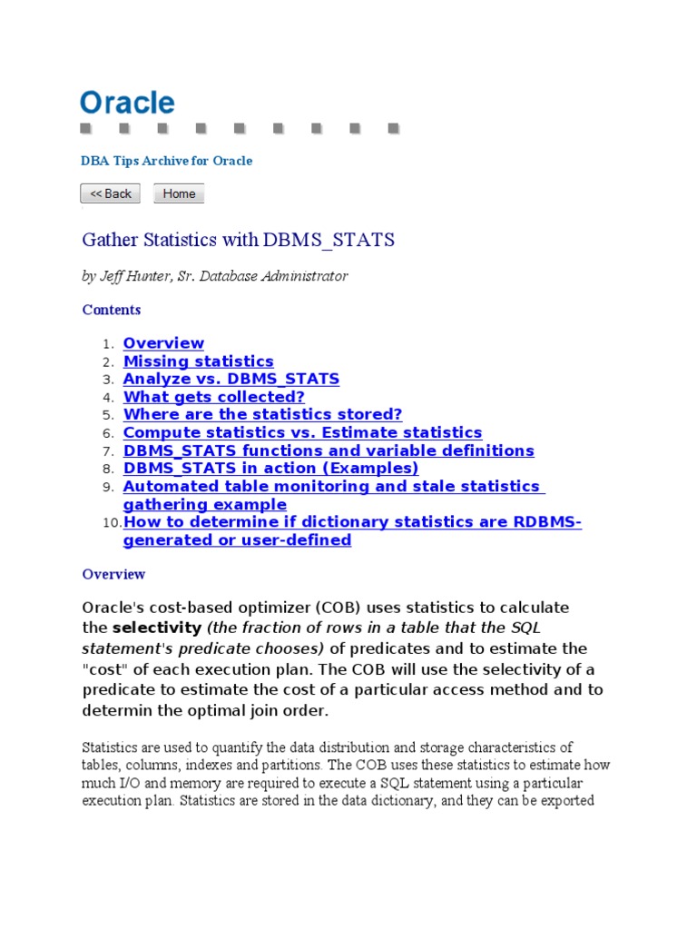 Gather Statistics With DBMS - STATS: by Jeff Hunter, Sr. Database Administrator | PDF | Oracle ...