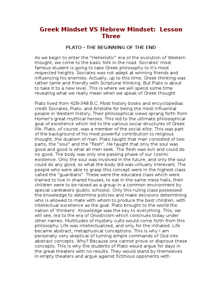 Greek Mindset Vs Hebrew Mindset - Lesson Three | PDF | Plato | Socrates