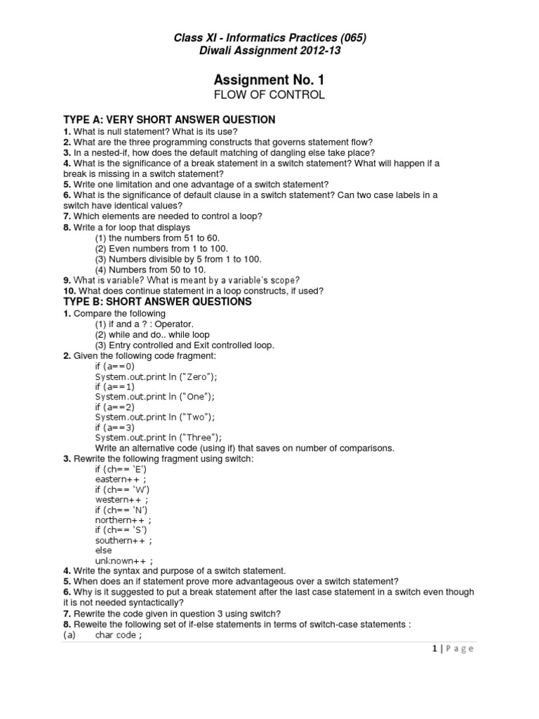 Class XI Diwali Assignment IP Theory | PDF | Control Flow | Software ...