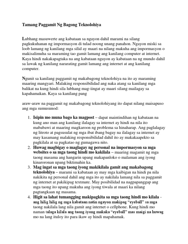 Tamang Paggamit Ng Teknolohiya - mga paksa