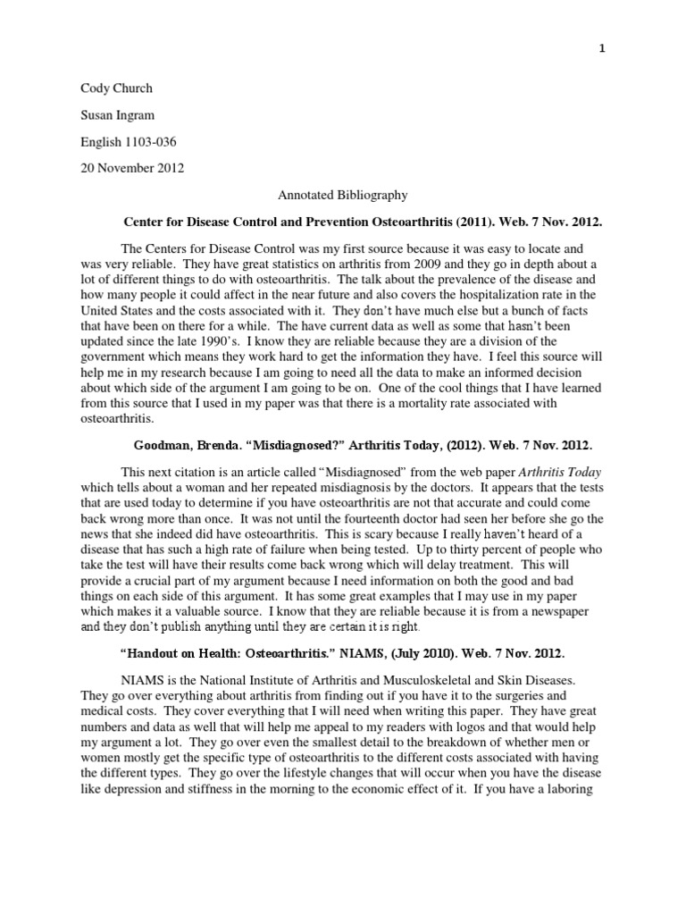 Annotated Bibliography Final Draft | PDF | Arthritis | Osteoarthritis