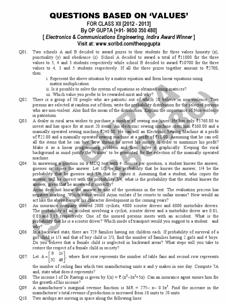 Mathematics - Value Based Question - 12 | PDF | Matrix (Mathematics ...