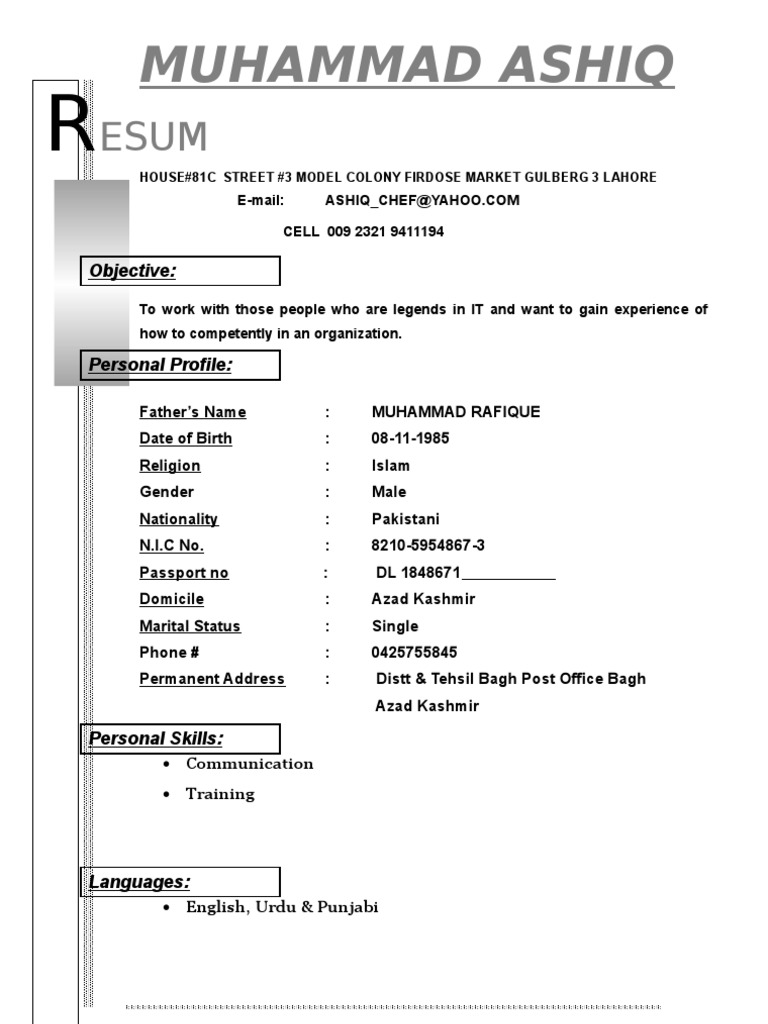 Muhammad Ashiq's Culinary Resume | PDF