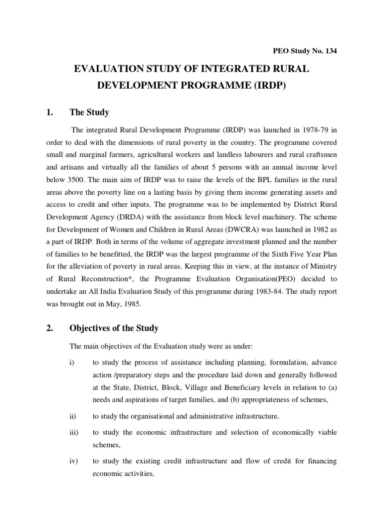 Evaluation Study of Integrated Rural Development Programme (Irdp) | PDF ...