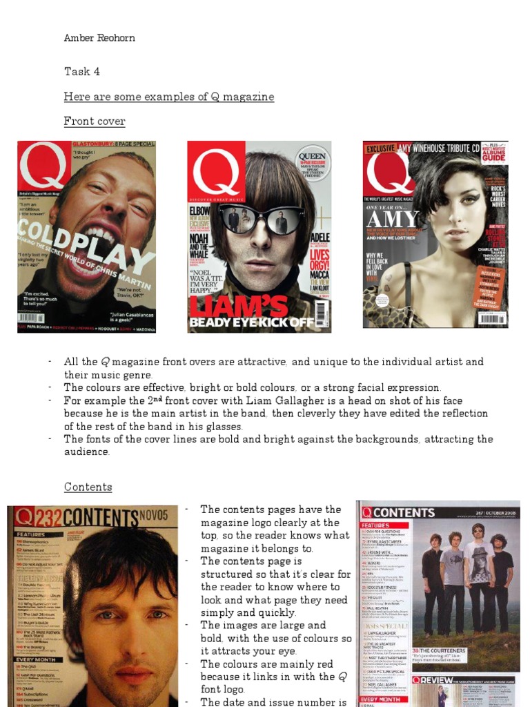 Task 4 Here Are Some Examples of Q Magazine Front Cover: Amber Reohorn ...