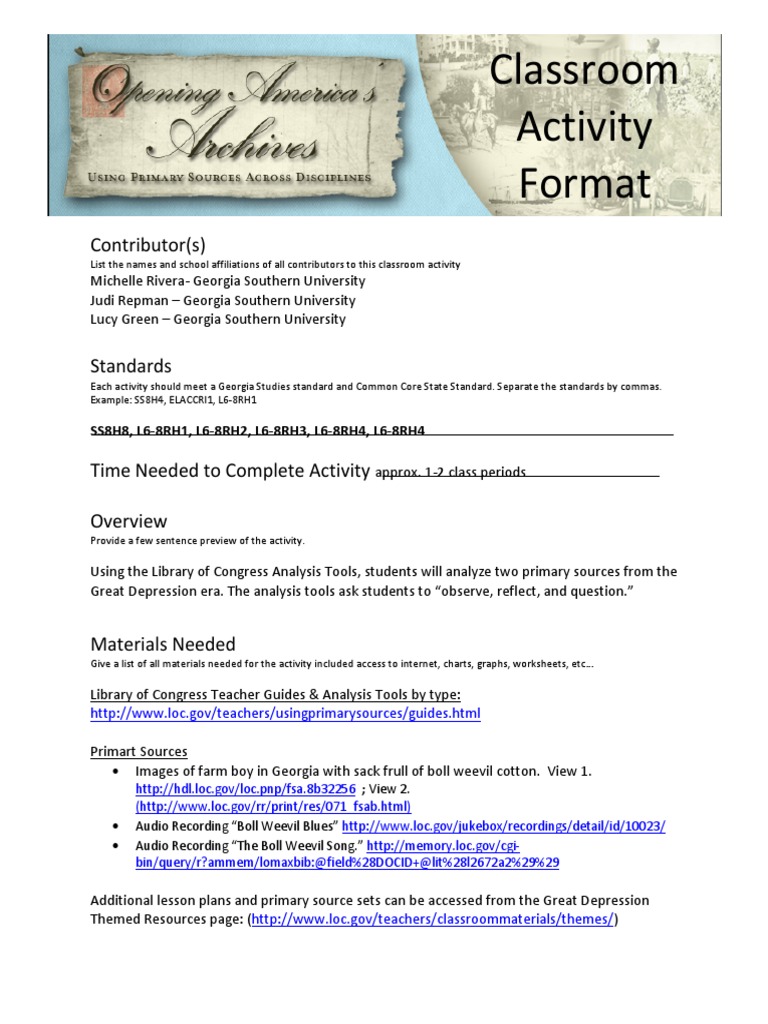 Classroom Activity Great Depression | Lesson Plan | Cognition