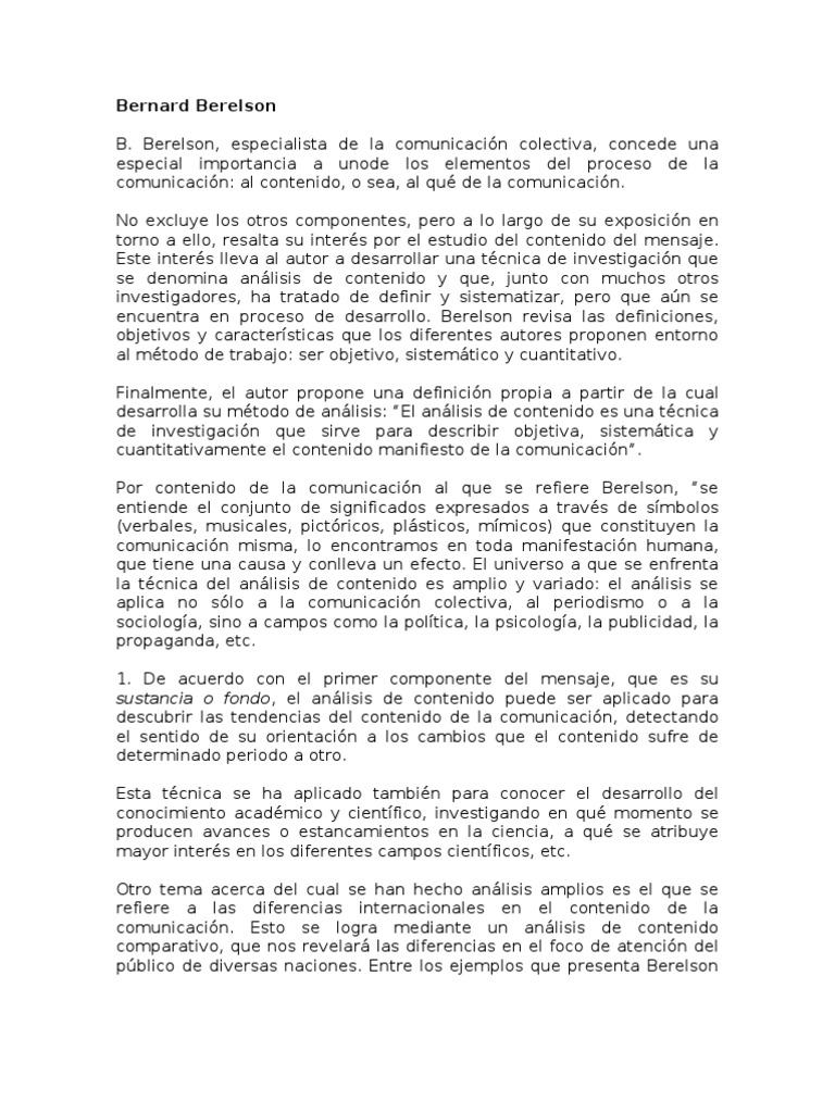 Lectura y Ejercicio Sobre Bernard Berelson | PDF | Comunicación ...