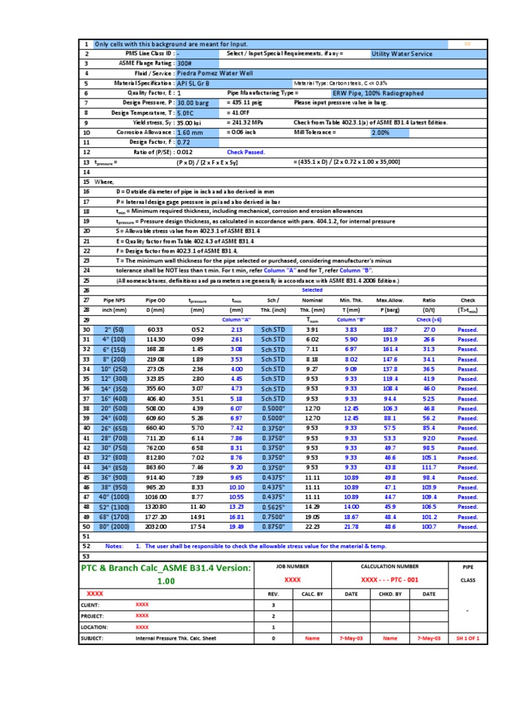 Pipe Branch Calculation Sheet | PDF | Pounds Per Square Inch | Pipe ...